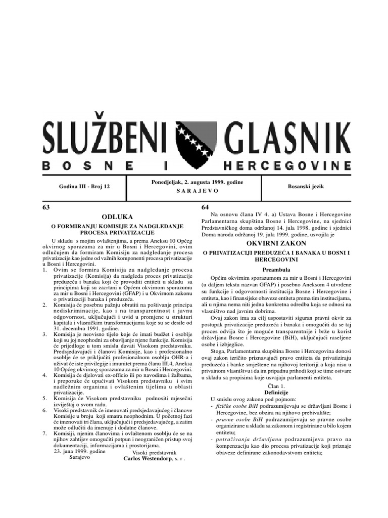 Okv Zak o Privatizaciji Preduzeća BiH | PDF