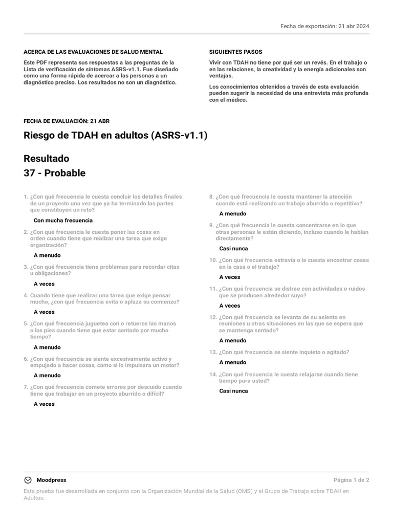 Evaluación de TDAH en Adultos ASRS-v1.1 | PDF | Desorden hiperactivo y ...