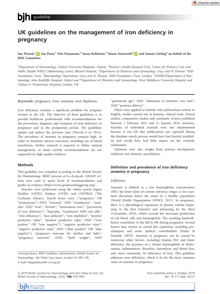 BR J Haematol - 2019 - Pavord - UK Guidelines On The Management of Iron Deficiency in Pregnancy ...