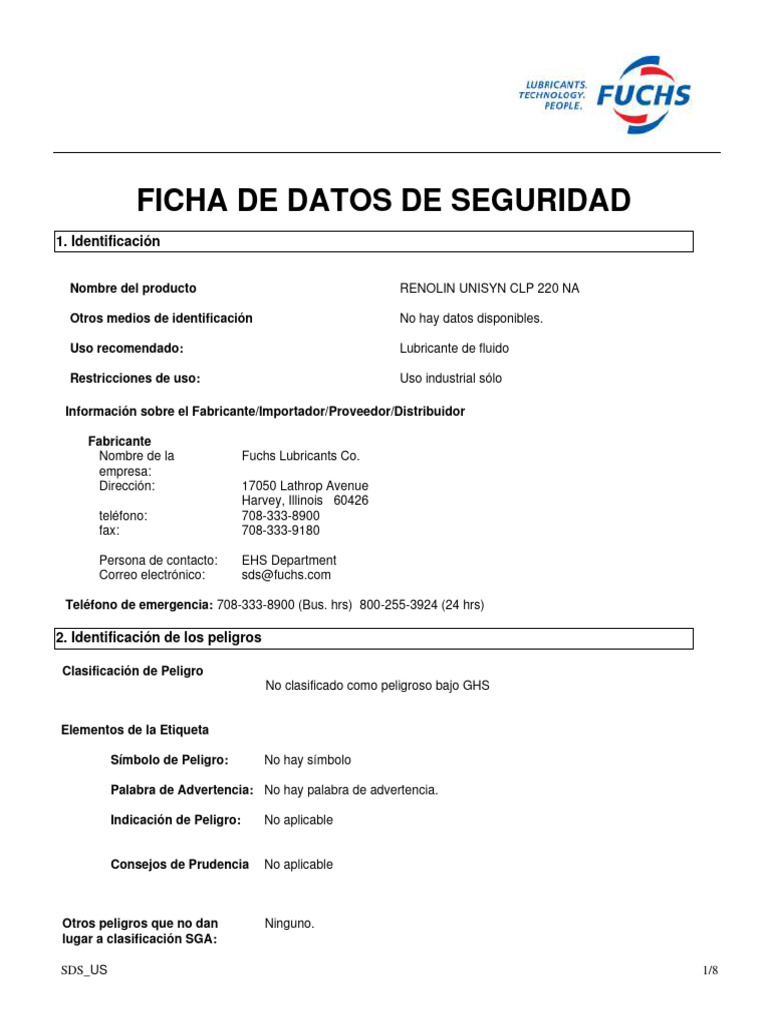 Ficha De Seguridad Renolin Unisyn Clp 220 Pdf