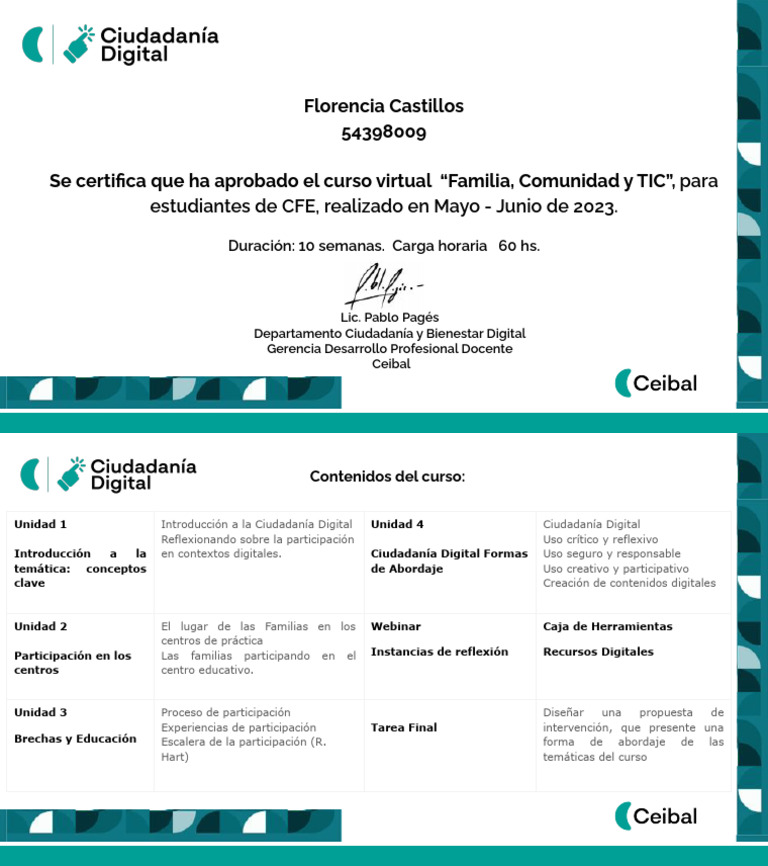 Certificado Familia Comunidad y TIC Florencia Castillos | PDF | Arte