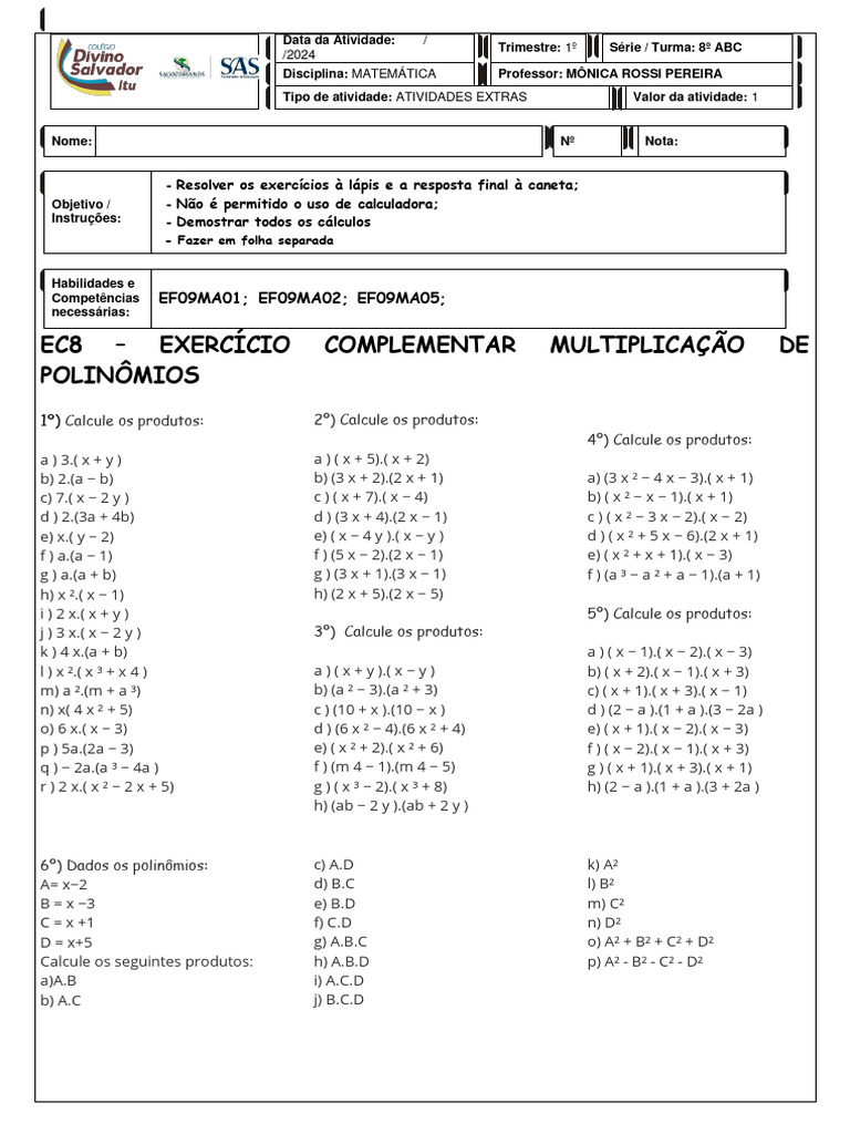 8°abc - Ec8 (Multiplicação de Polinômios) | PDF | Matemática