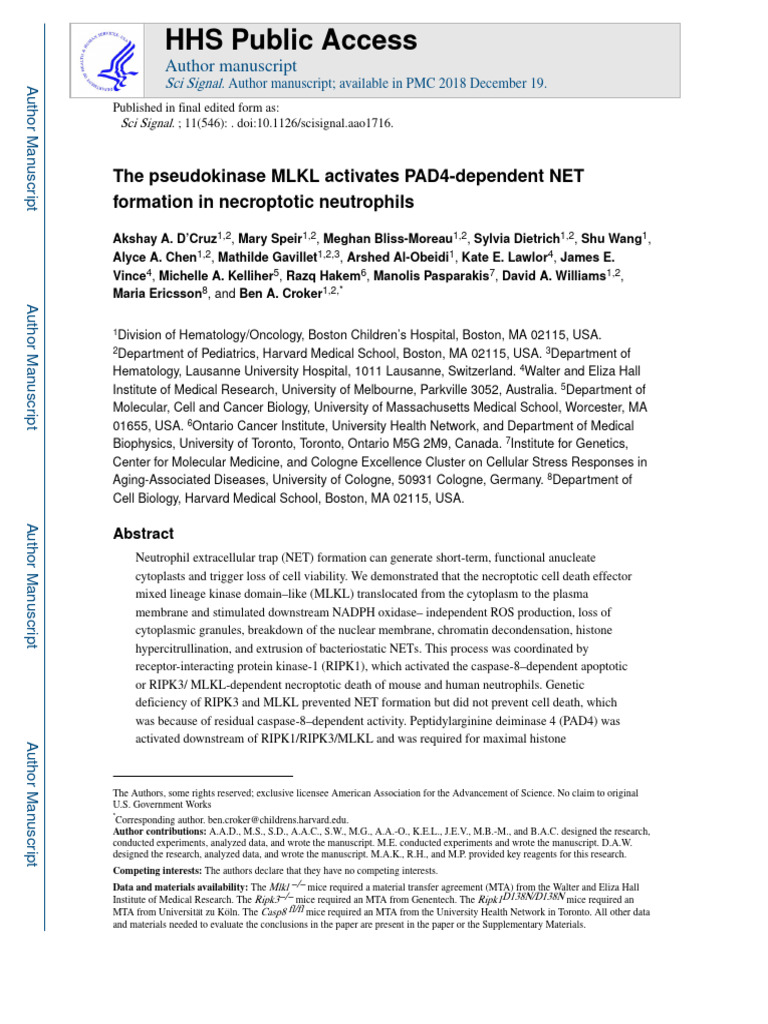 The Pseudokinase MLKL Activates PAD4-dependent NET | PDF | Apoptosis ...