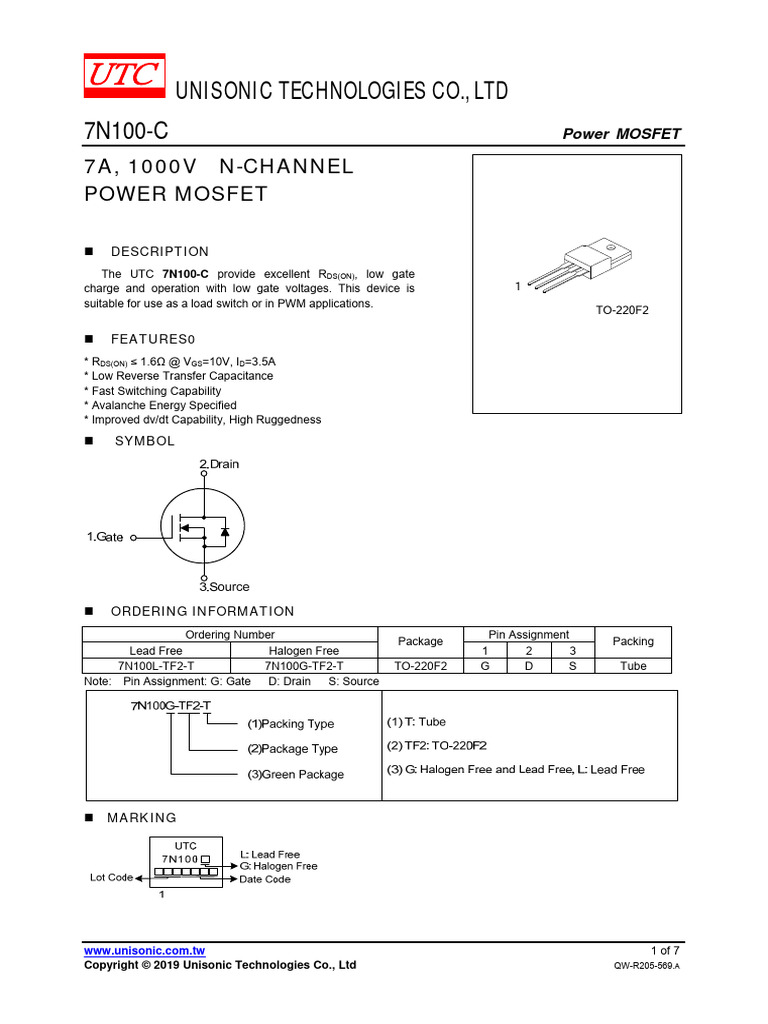 Unisonic Technologies Co., LTD: 7A, 1000V N-CHANNEL Power Mosfet | PDF ...