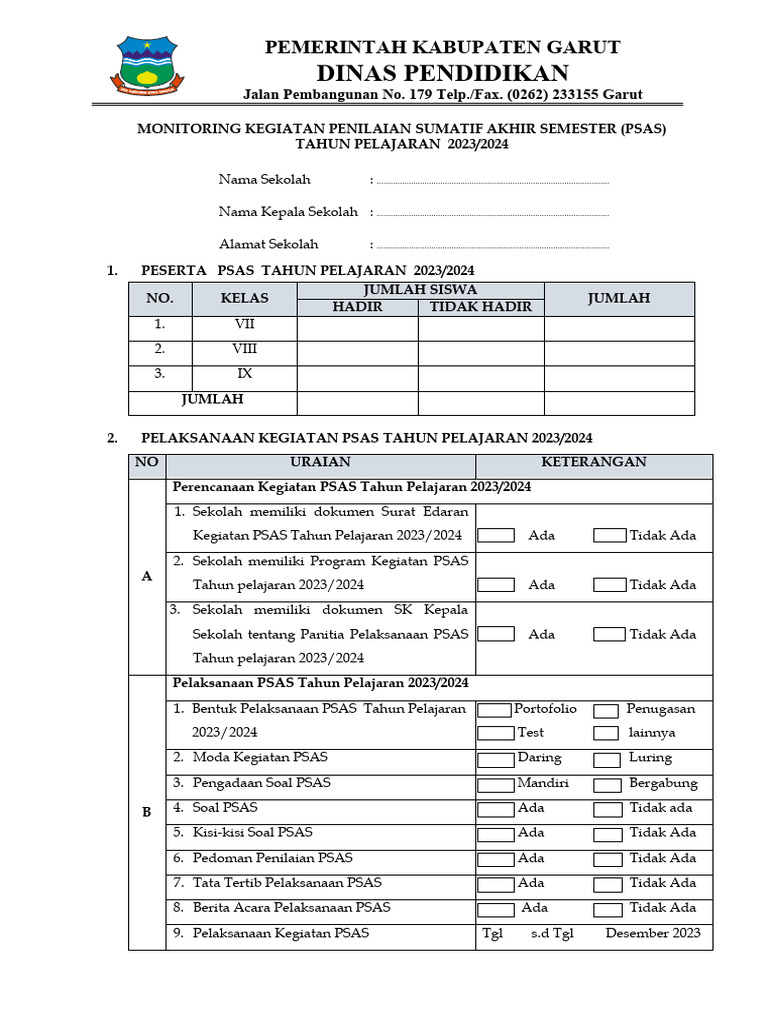 Monitoring PSAS 2023/2024 Garut | PDF