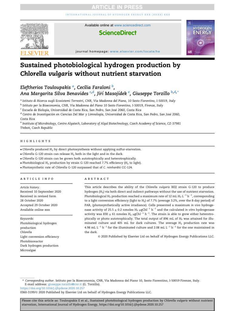 Sustained Photobiological Hydrogen Production by Chlorella Vulgaris ...