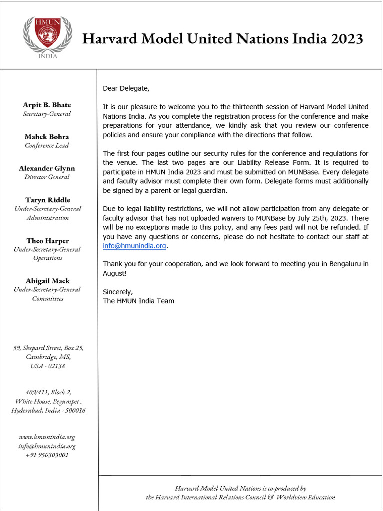 Delegate Liability Waiver - HMUN India 2023 | PDF | Harassment | Indemnity
