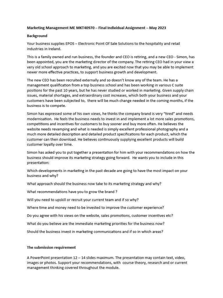 Marketing Management MTK40970 Final Individual Assignment Sem 2 May ...
