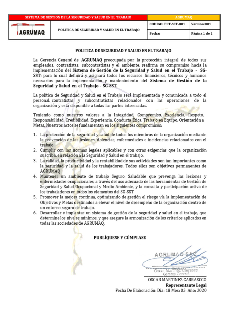 PLT-SST-001 Política de Seguridad y Salud en El Trabajo | Descargar gratis PDF | Valores ...