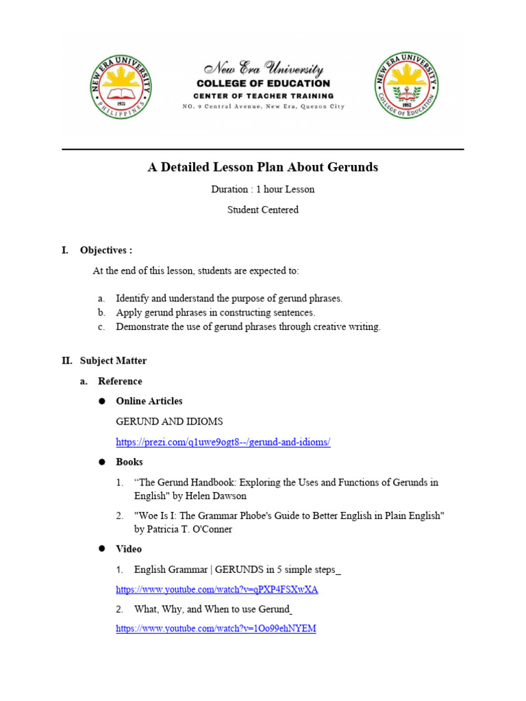 Detailed Lesson Plan - Gerunds | PDF | Verb | Adverb