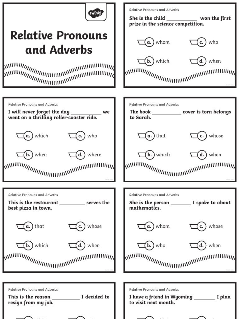Fourth Grade Relative Pronouns and Adverbs Task Cards | PDF