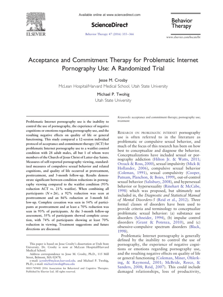 Acceptance and Commitment Therapy For Problematic Internet Pornography Use: A Randomized Trial ...