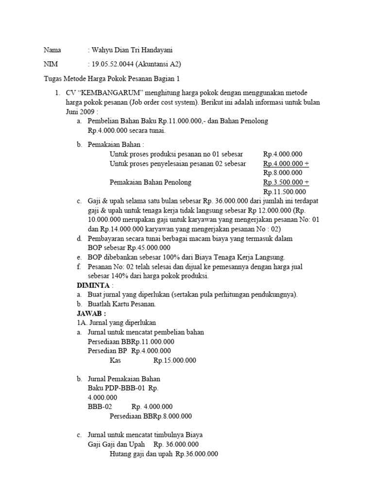 Tugas Metode Harga Pokok Pesanan Bagian 1 19.05.52.0044 | PDF