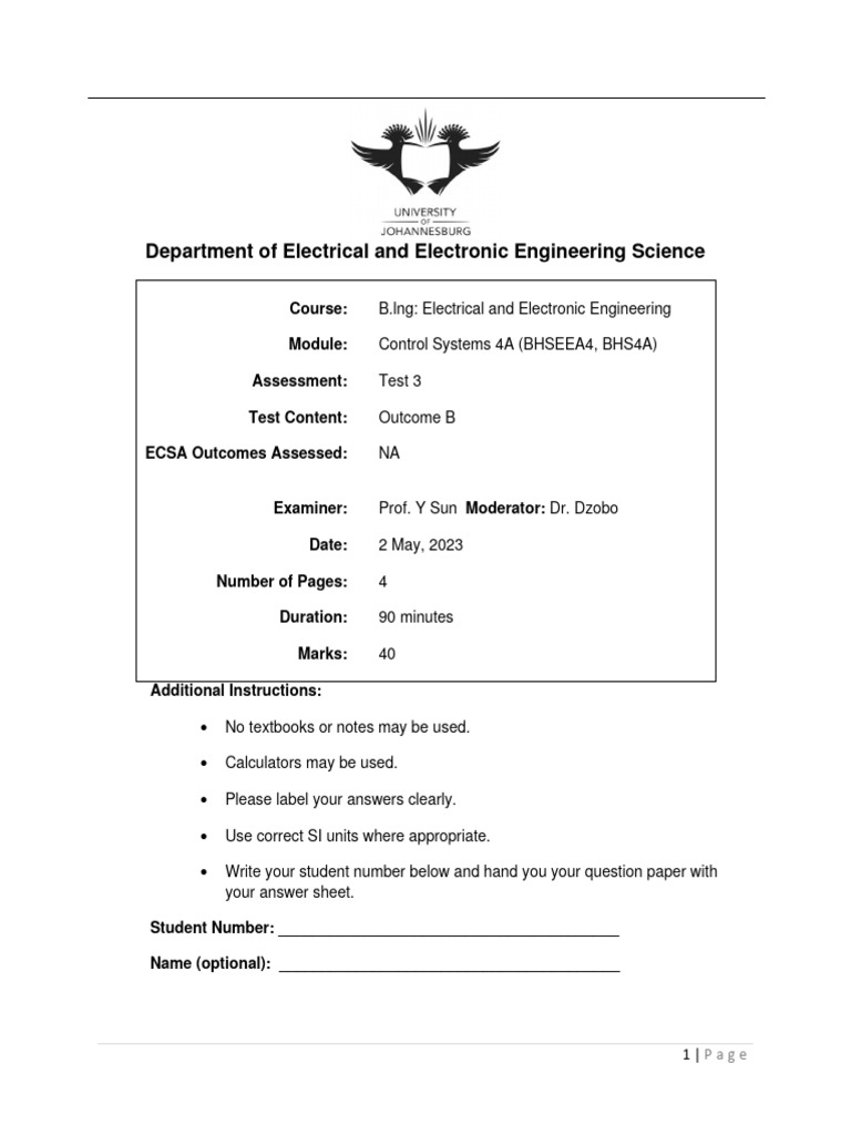 Test 3 Memo 2023 | PDF | Control Theory | Electrical Engineering