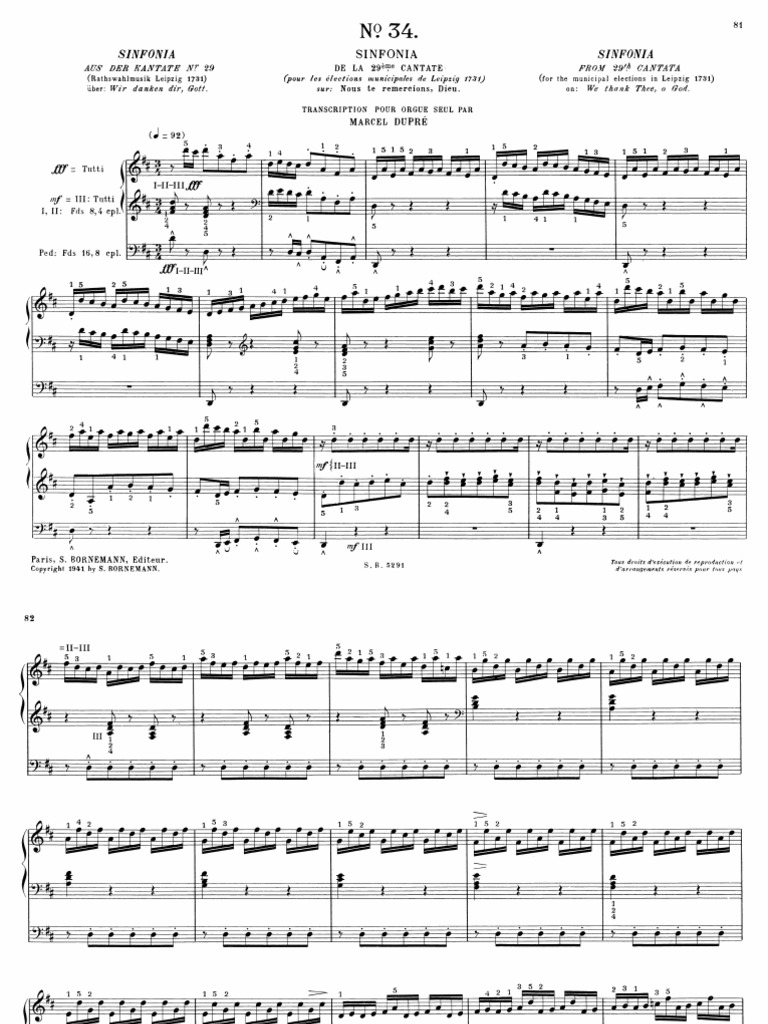 Sinfonia Cantata 29 (BWV 29) J.S. Bach (Transcription by Dupre) ORGAN | PDF