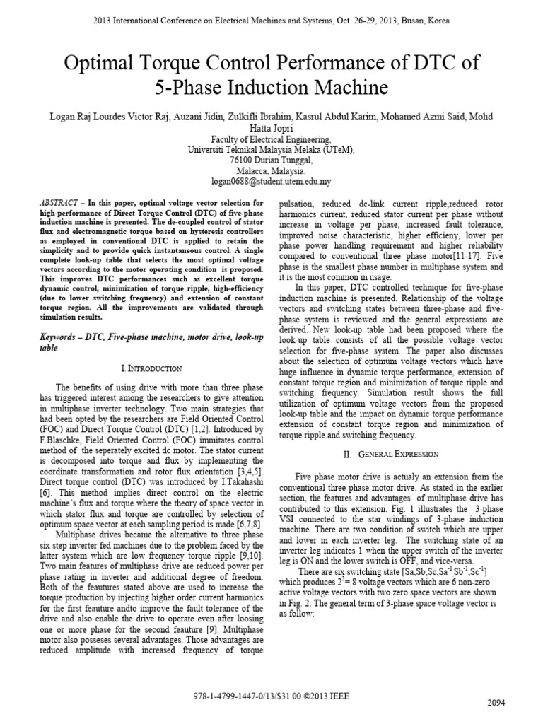 Optimal Torque Control Performance of DTC of 5-Phase Induction Machine | PDF | Electric Motor ...
