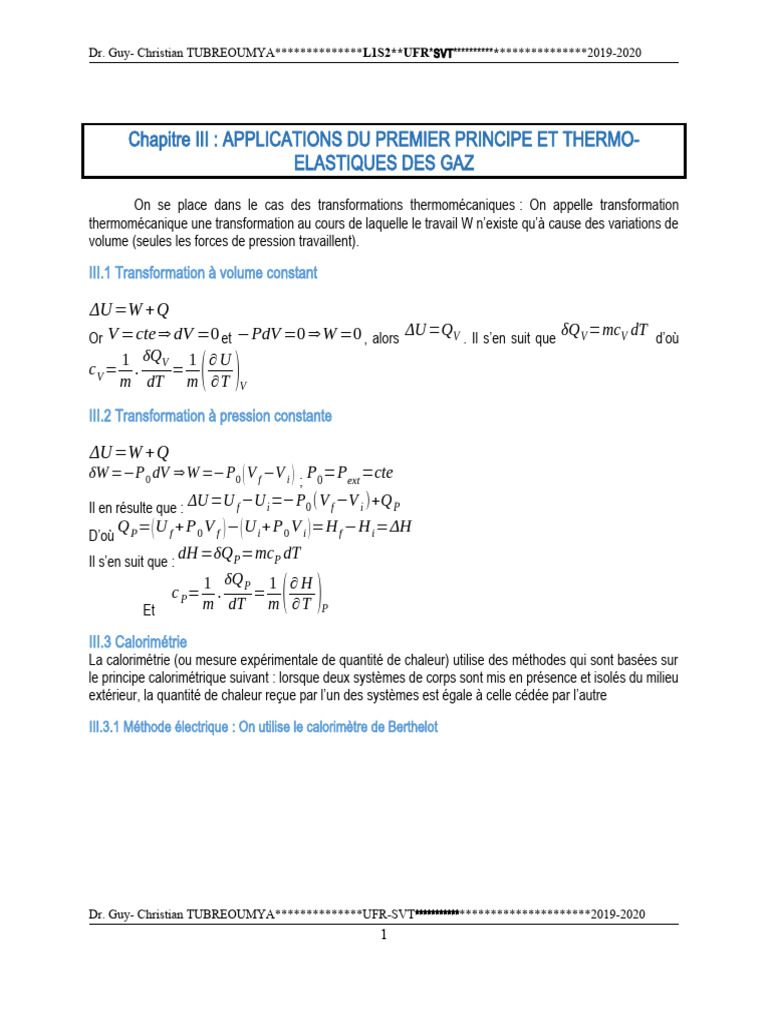 Applications du Premier Principe et Thermo-Élasticité des Gaz | PDF ...