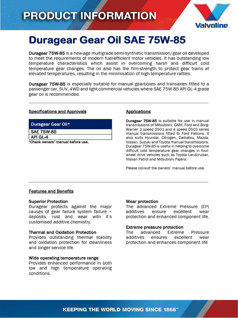 Valvoline Duragear - 75W-85-PI - Sheet | PDF | Manual Transmission | Motor Vehicle