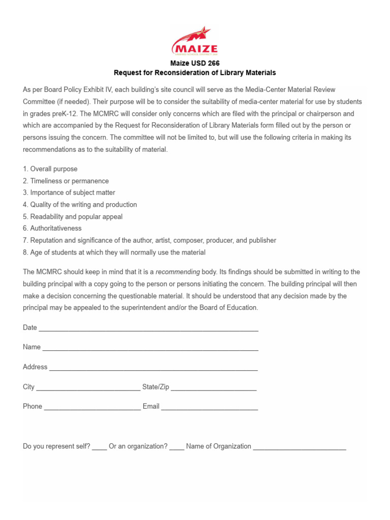 Request For Reconsideration of Library Materials | PDF | Libraries