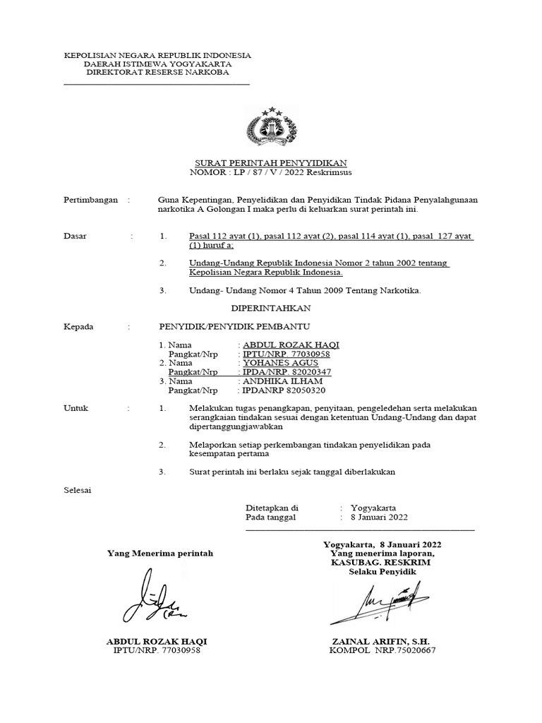 Surat Perintah Penyelidikan Narkotika | PDF