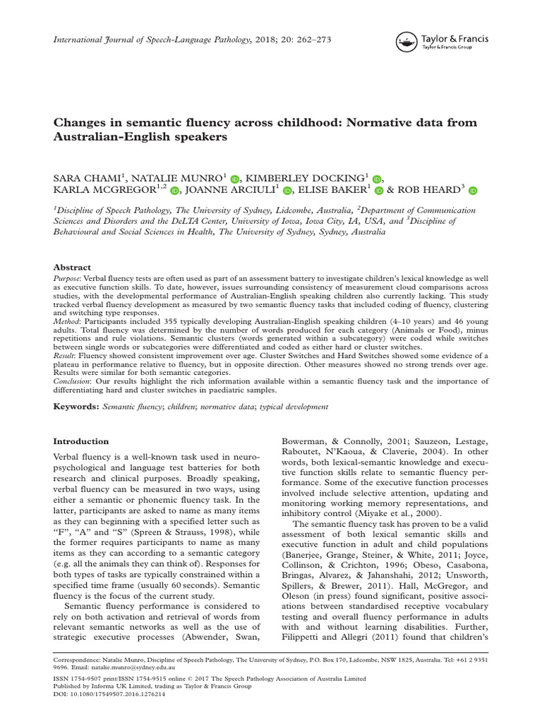 Changes in Semantic Fluency Across Childhood Normative Data From | PDF ...