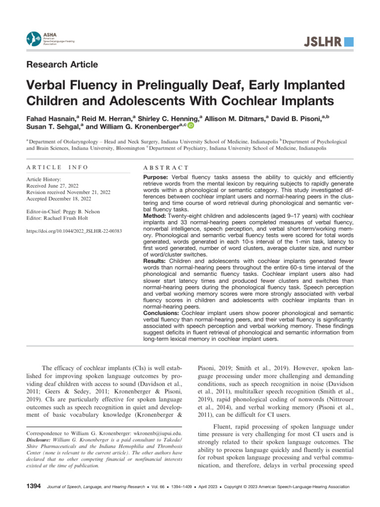 Verbal Fluency in Prelingually Deaf, Early Implanted | PDF | Word | Fluency