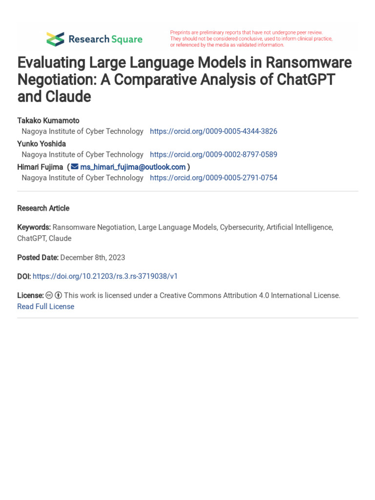 Evaluating Large Language Models in Ransomware Negotiation A Comparative Analysis of Chat GPT ...
