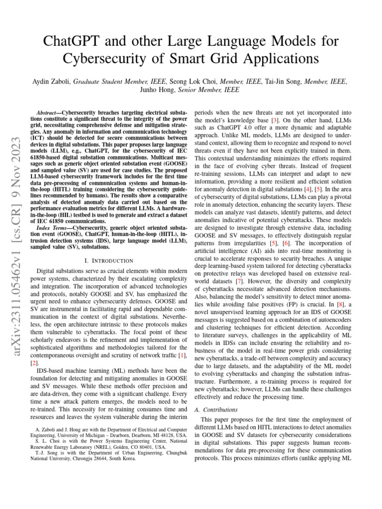 Chatgpt and Other Large Language Models For Cybersecurity of Smart Grid ...