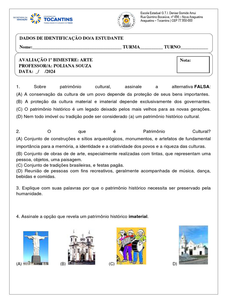 Prova de Arte-1° Ano | PDF | Herança cultural