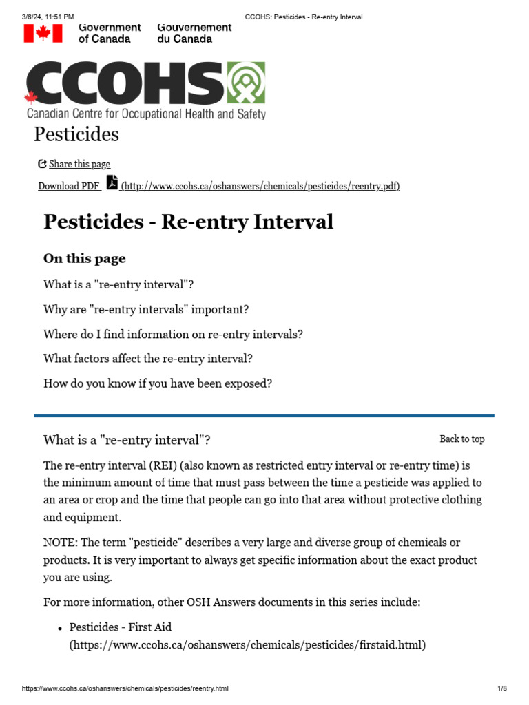 CCOHS - Pesticides - Re-Entry Interval | PDF | Pesticide | Personal ...