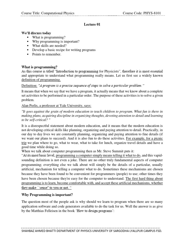 Computational Physics Lecture 01 Shahbaz Bhatti Pdf Computer Programming Programmer
