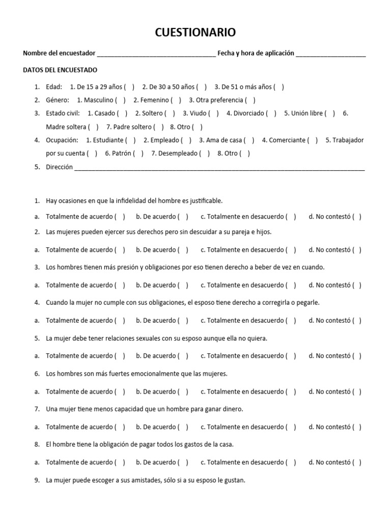 CUESTIONARIO Depurado | PDF | Mujer