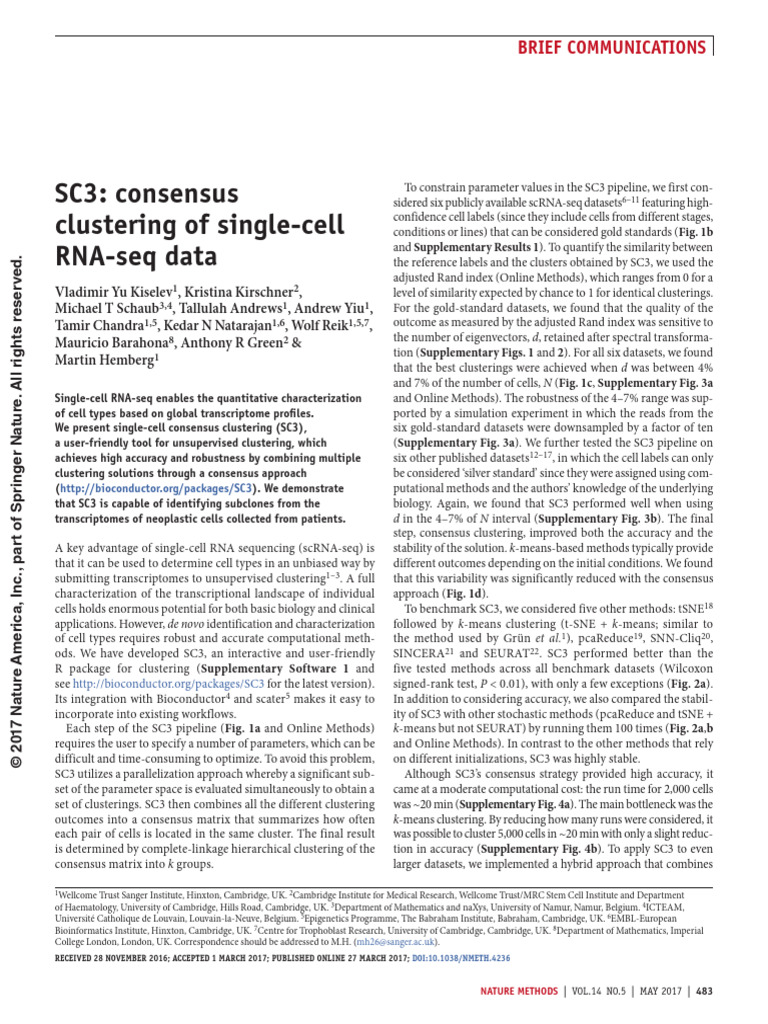 sc3: Consensus Clustering of Single-Cell Rna-Seq Data: Brief Communications | PDF | Cluster ...