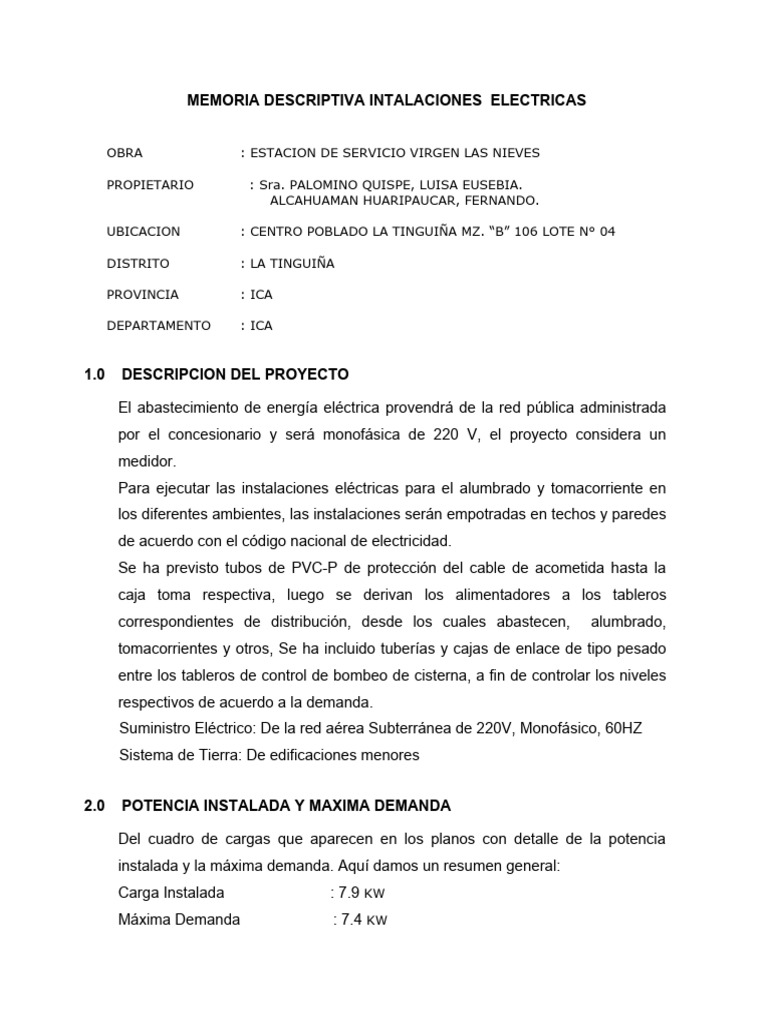 Memoria Descriptiva Instalaciones Electricas | PDF | Tubería (transporte de fluidos) | Cloruro ...