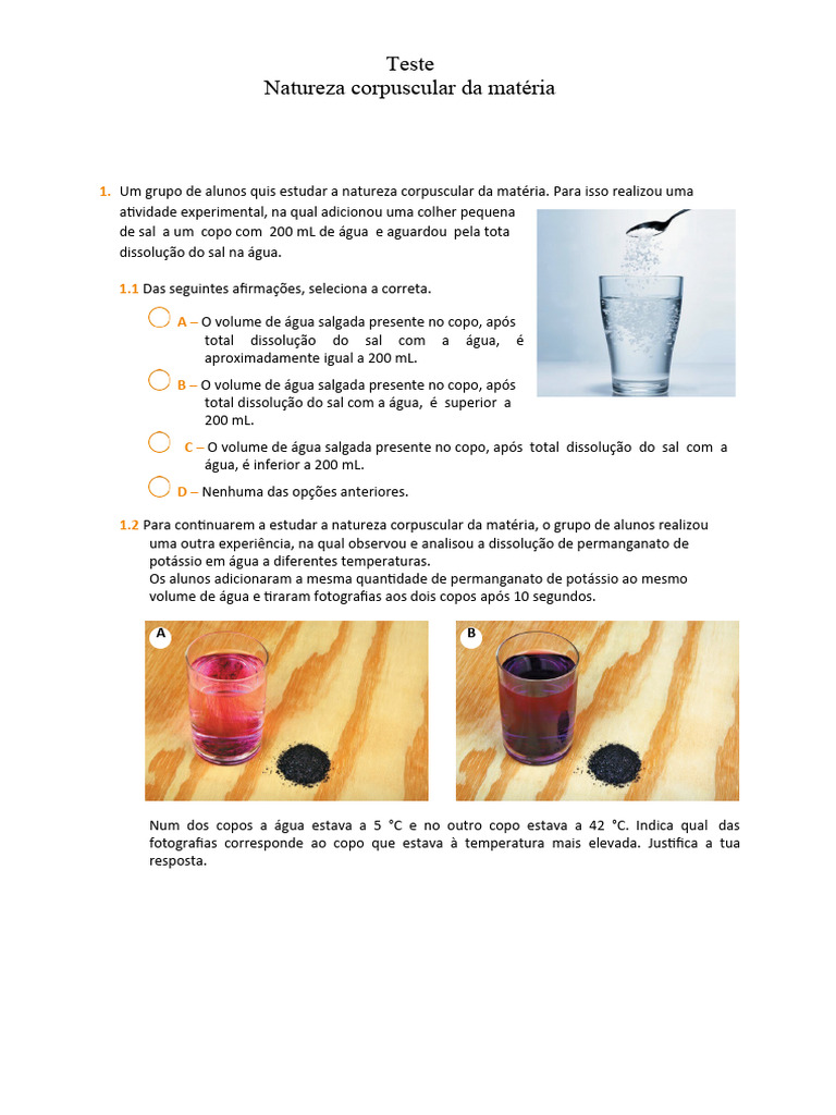 Teste Fisico Quimica 8 Ano Natureza Corpuscular Da Materia | PDF ...