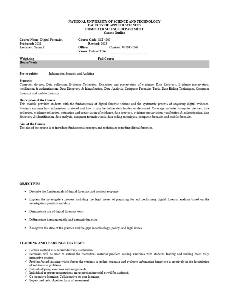 SCI4201 Course Outline 2024 | PDF | Computer Forensics | Digital Forensics