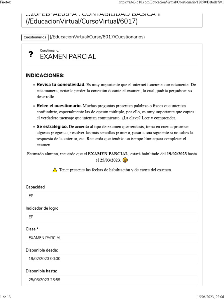 Examen Parcial de Contabilidad II | PDF | Contabilidad | Cuestionario