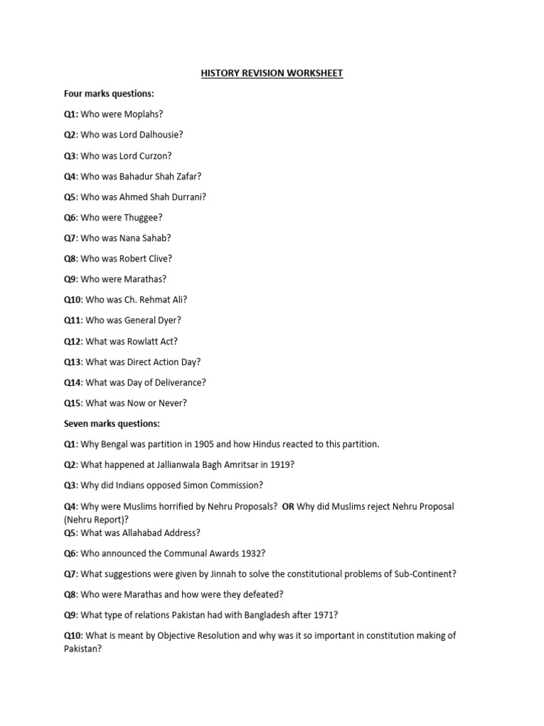 History Revision Worksheet | PDF | Politics