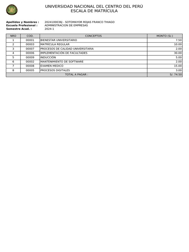 Detalle de Matrícula Universitaria | PDF | Negocios | Finanzas y dinero