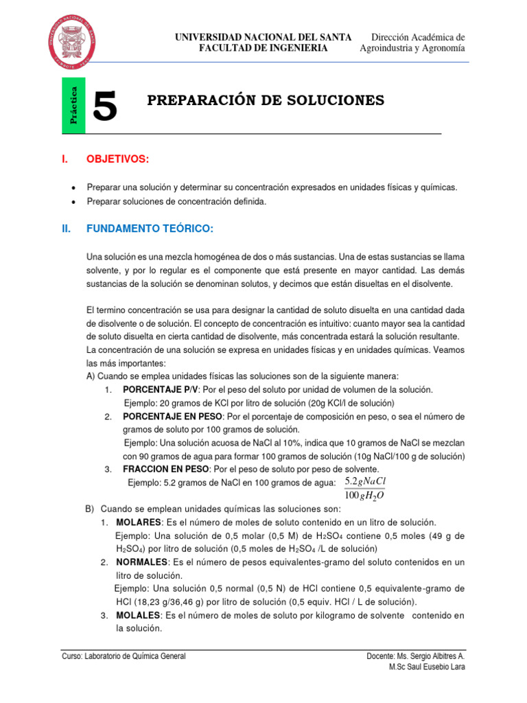 Guia Practica 5 Preparacion de Soluciones | PDF | Concentración | Química