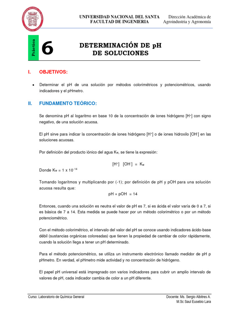 Guia Practica 6 Determinacion de PH de Soluciones | Descargar gratis PDF | Ph | Química