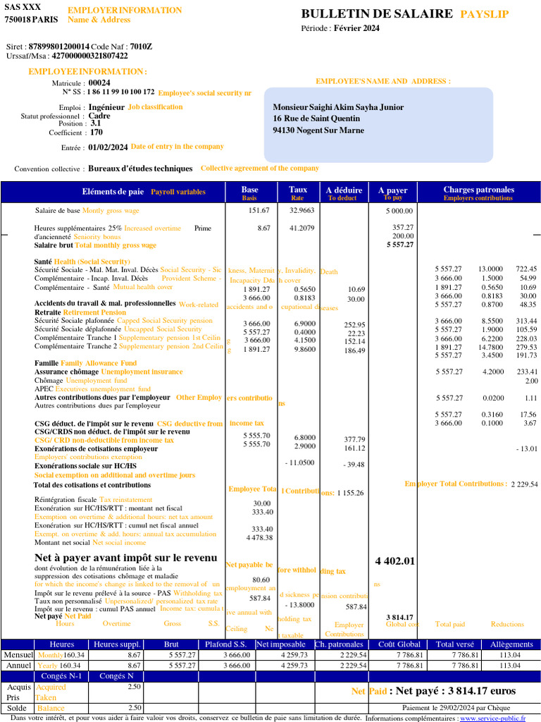 Payslip in France | PDF | Bulletin de salaire (droit français) | Impôts