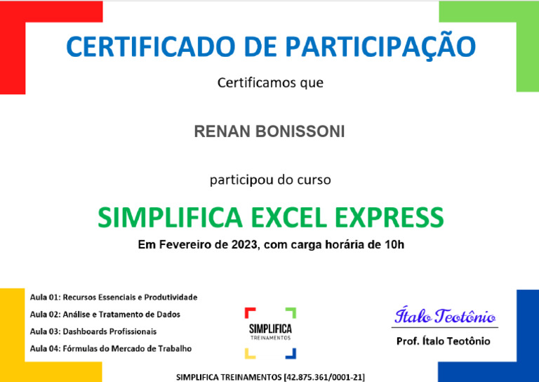 Certificado - Simplifica Excel Express T17 | PDF