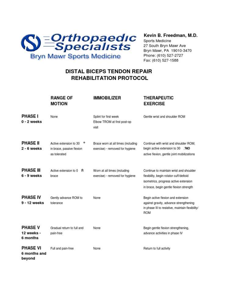 Distal Biceps Tendon Repair Rehabilitation Protocol: Kevin B. Freedman, M.D | PDF | Shoulder ...