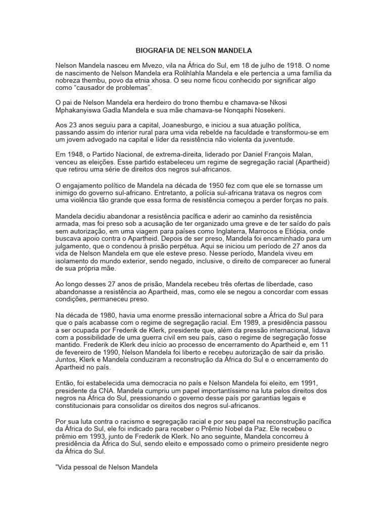 Biografia de Nelson Mandela | PDF | Nelson Mandela | Apartheid
