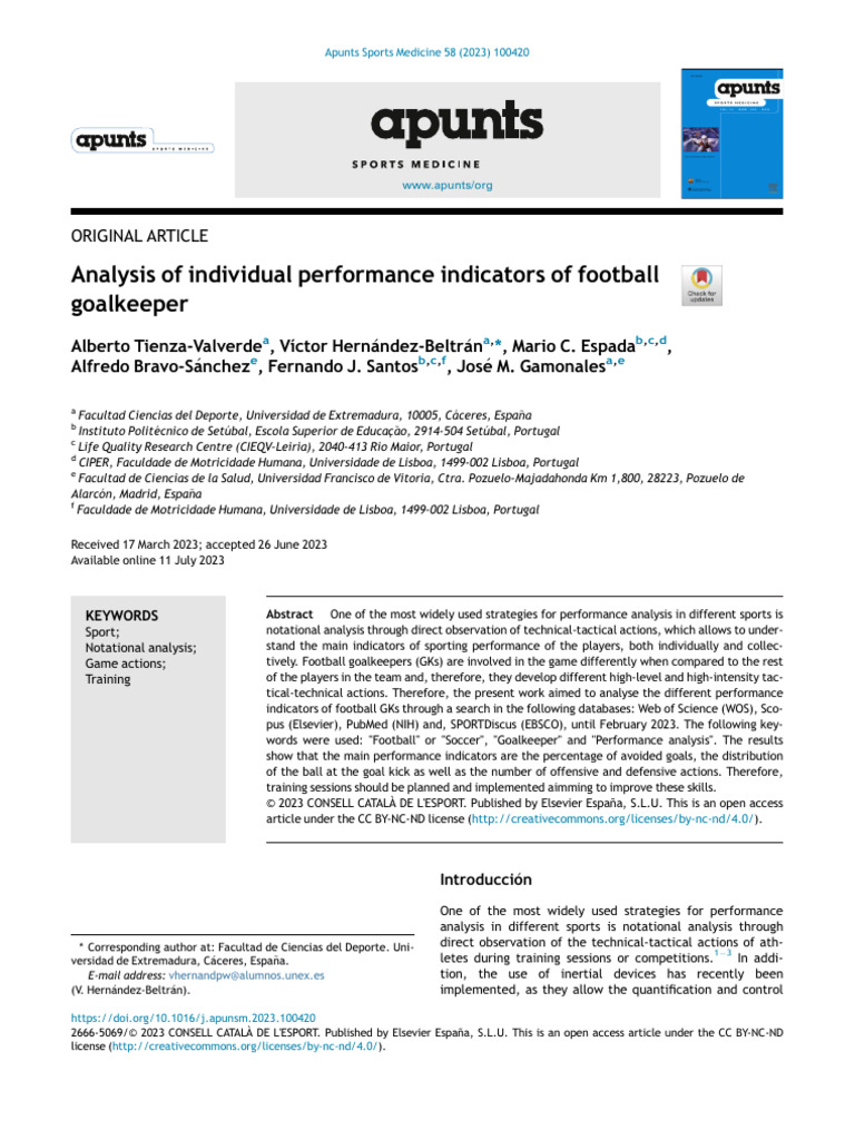 Analysis of Individual Performance Indicators of Football Goalkeeper ...