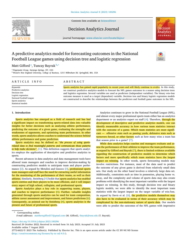 A Predictive Analytics Model For Forecasting Outcomes In The National Football League Games 