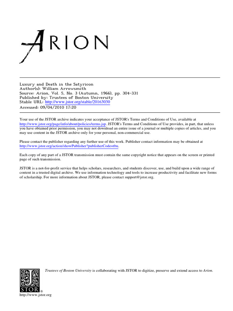 Arrowsmith - Luxury and Death in Satyricon | PDF | Philosophy