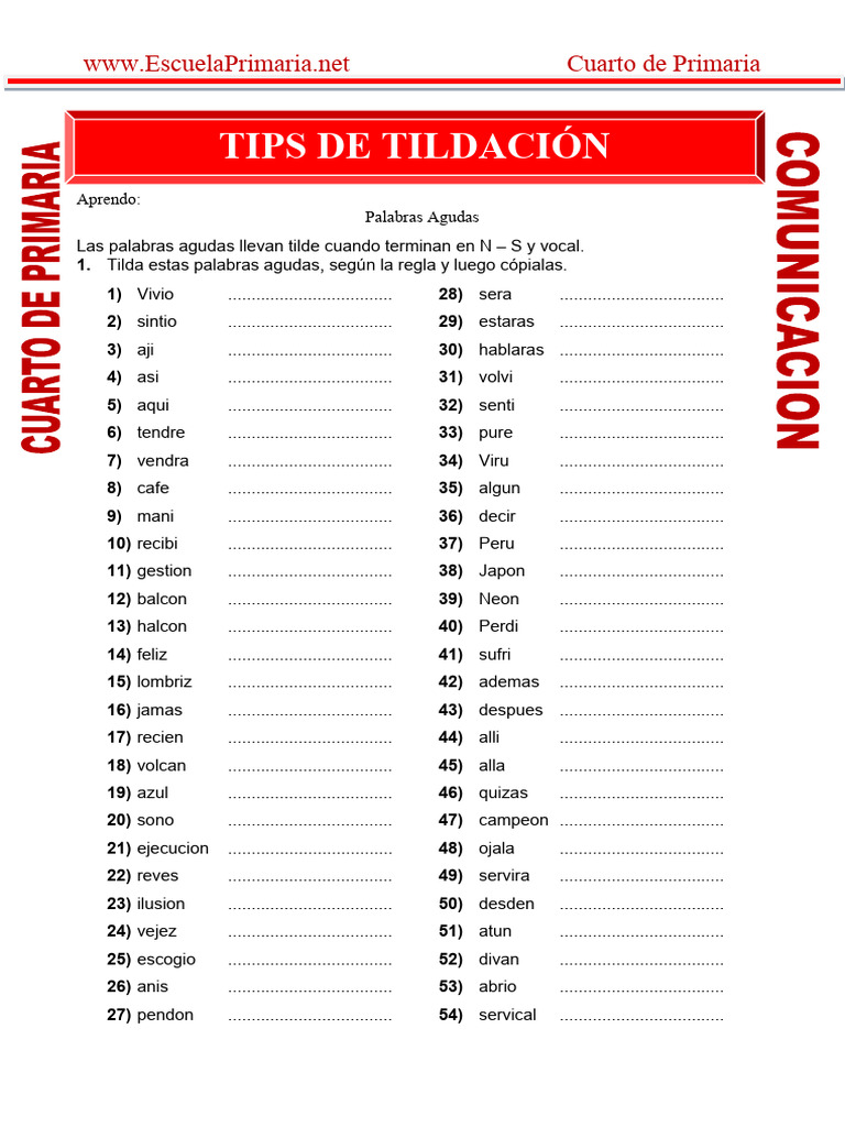 Tilde en Palabras Agudas para Primaria | PDF