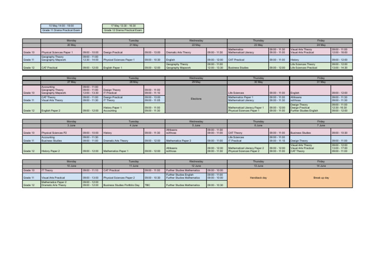 Grade 10 - 12 June Exam Timetable | PDF | Science